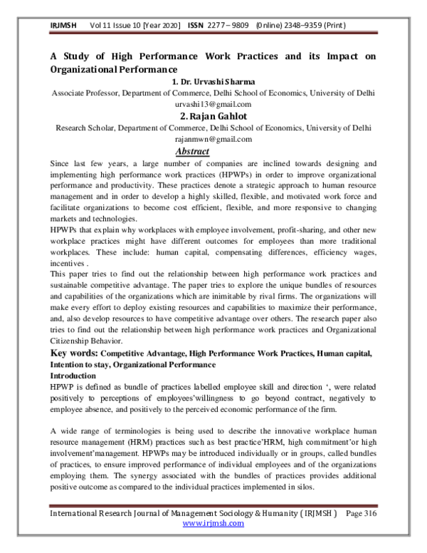 (PDF) A Study of High Performance Work Practices and its Impact on ...
