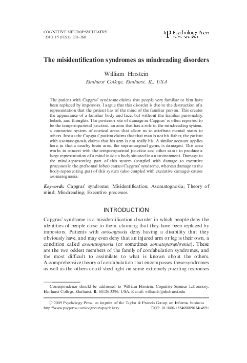 (PDF) The misidentification syndromes as mindreading disorders