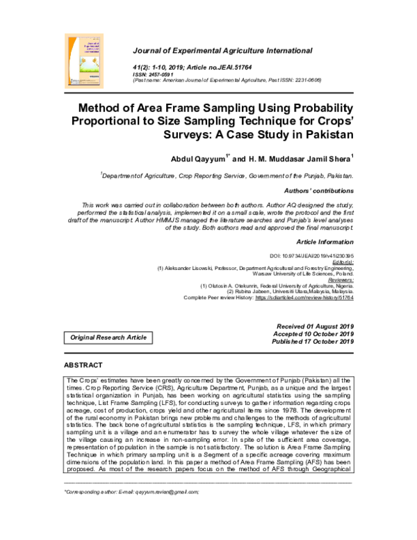 (PDF) Method of Area Frame Sampling Using Probability Proportional to ...