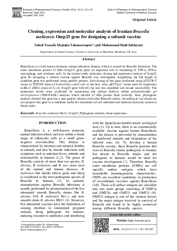 (PDF) Cloning, expression and molecular analysis of Iranian Brucella ... (PDF) Cloning, expression and molecular analysis of Iranian Brucella ...
