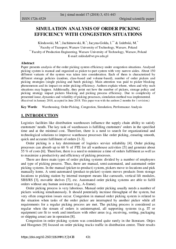 Pdf Simulation Analysis Of Order Picking Efficiency With Congestion