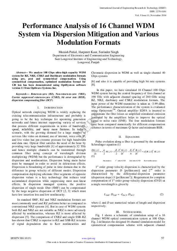 (PDF) Performance Analysis of 16 Channel WDM System via Dispersion Mitigation and Various ...