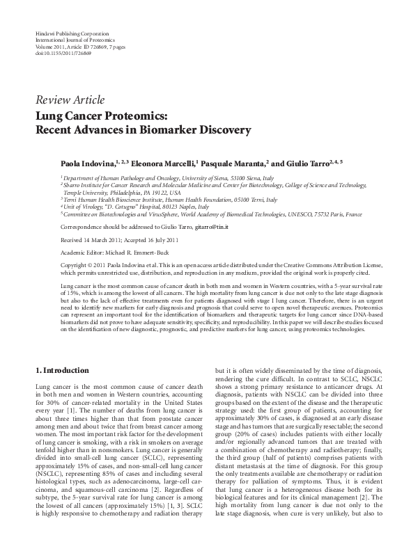 (PDF) Lung Cancer Proteomics: Recent Advances in Biomarker | Giulio F Tarro - Academia.edu