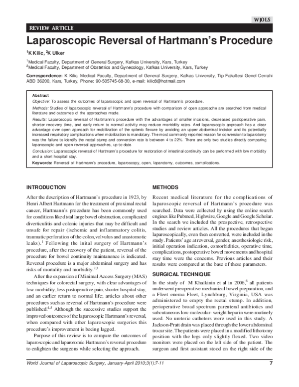 (PDF) Laparoscopic reversal of Hartmann's procedure