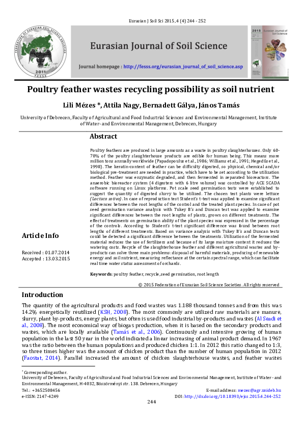 (PDF) Poultry feather wastes recycling possibility as soil nutrient