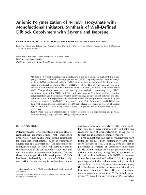 (PDF) Anionic polymerization ofn-hexyl isocyanate with monofuctional initiators. Synthesis of ...