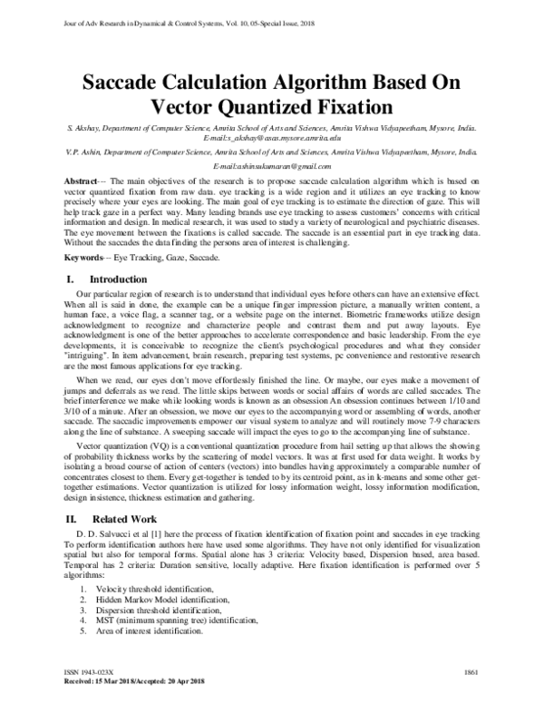 Pdf Saccade Calculation Algorithm Based On Vector Quantized Fixation
