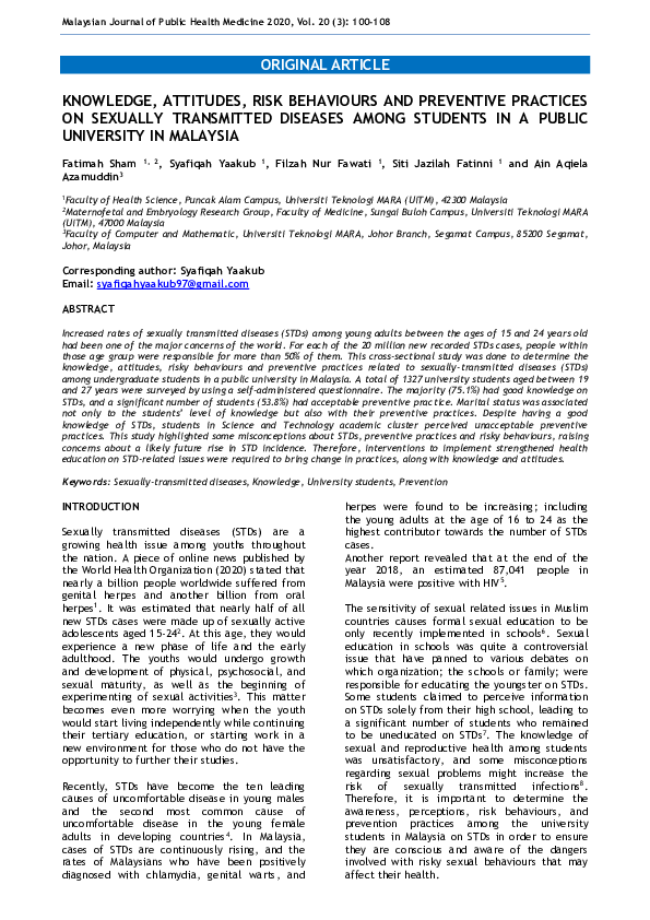 (PDF) Knowledge, Attitudes, Risk Behaviours and Preventive Practices on Sexually Transmitted ...