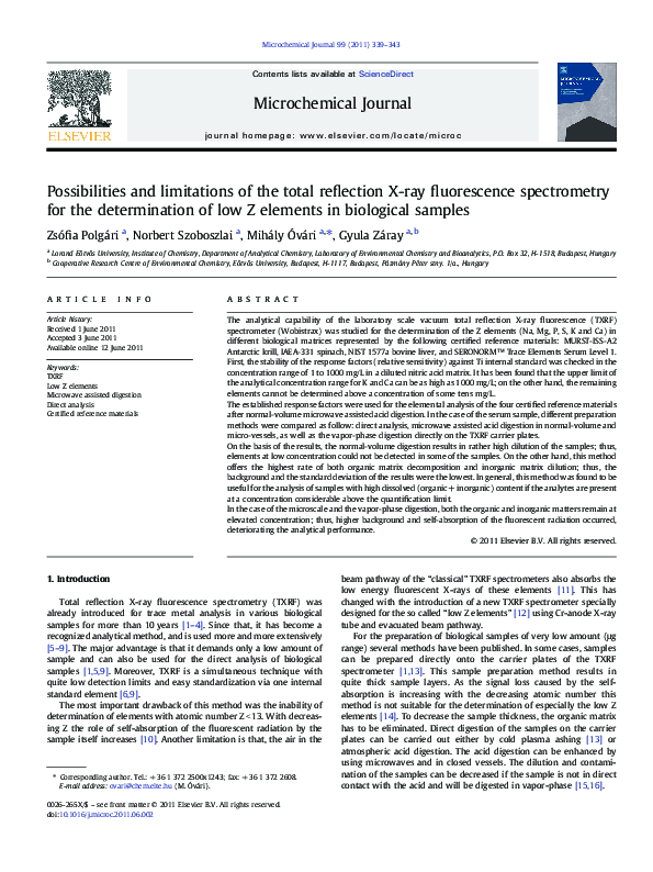 (PDF) Possibilities and limitations of the total reflection X-ray fluorescence spectrometry for ...