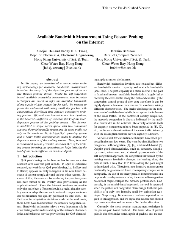Pdf Available Bandwidth Measurement Using Poisson Probing On The Internet Brahim Bensaou