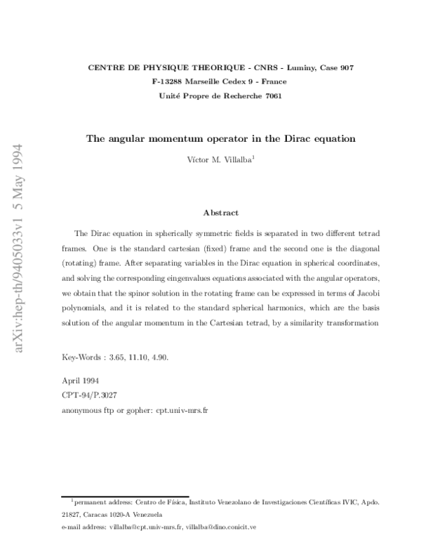 Pdf The Angular Momentum Operator In The Dirac Equation
