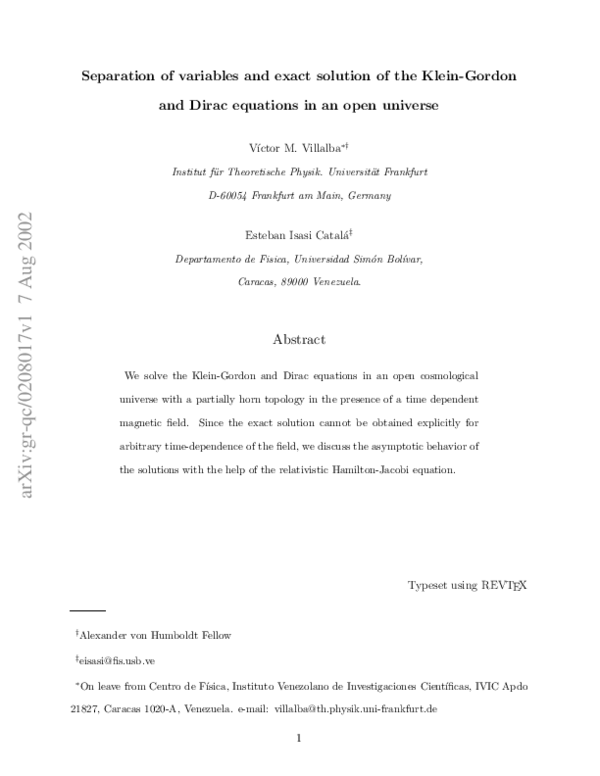 Pdf Separation Of Variables And Exact Solution Of The Kleingordon And Dirac Equations In An