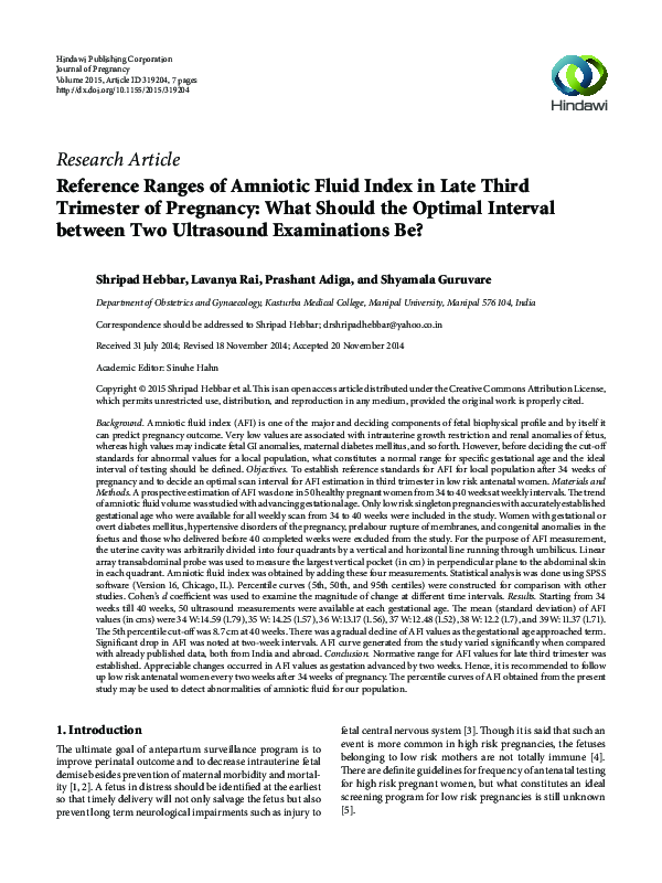 (PDF) Reference Ranges of Amniotic Fluid Index in Late Third Trimester ...