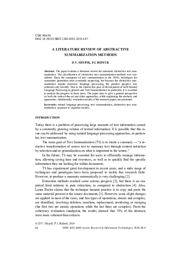 Pdf A Literature Review Of Abstractive Summarization Methods