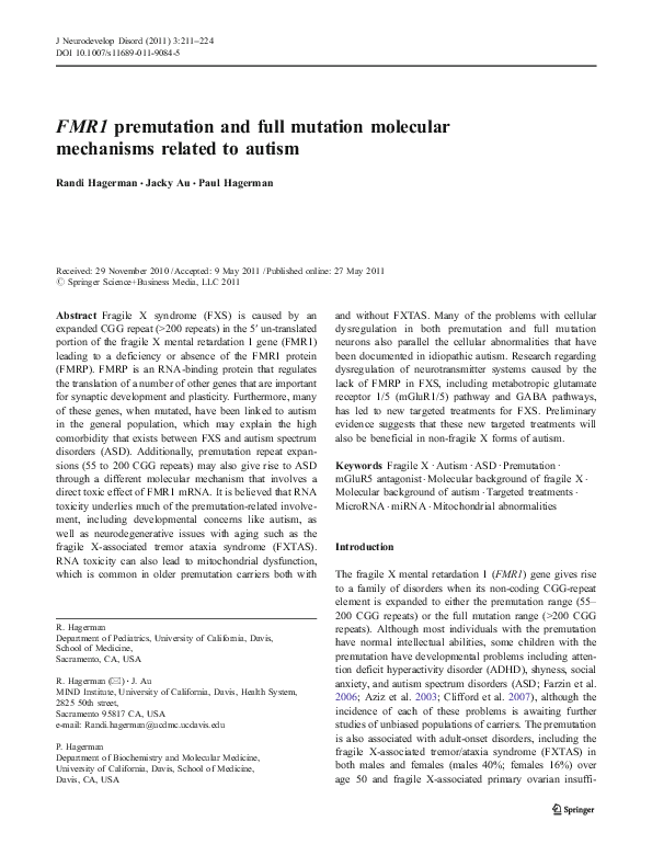 (PDF) FMR1 premutation and full mutation molecular mechanisms related ...