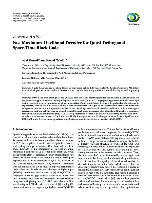 (PDF) Fast Maximum-Likelihood Decoder for Quasi-Orthogonal Space-Time Block Code