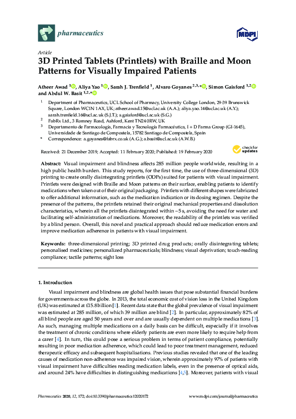 (PDF) 3D Printed Tablets (Printlets) with Braille and Moon Patterns for ...