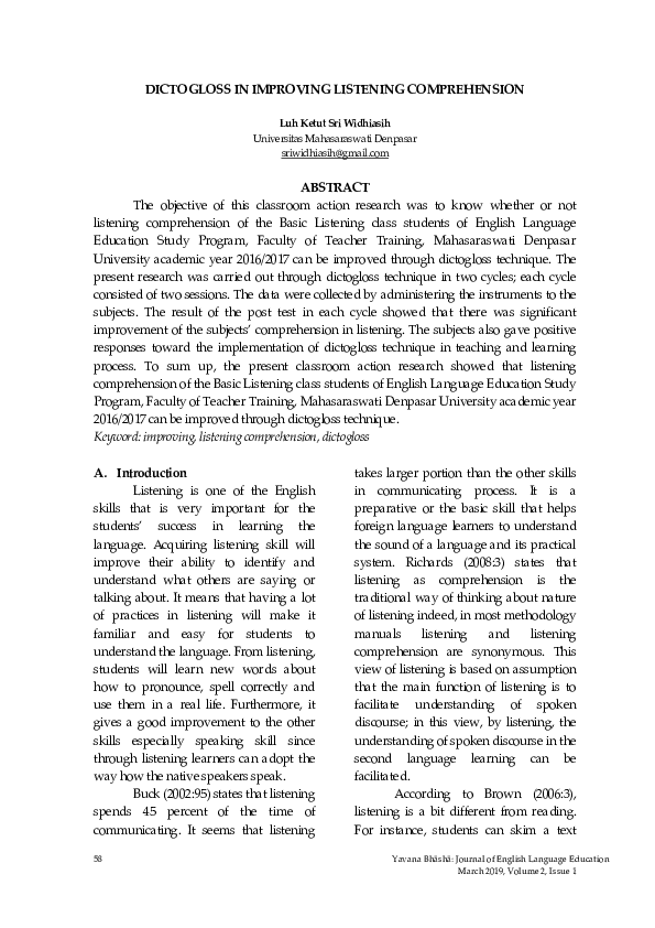 (PDF) Dictogloss in Improving Listening Comprehension