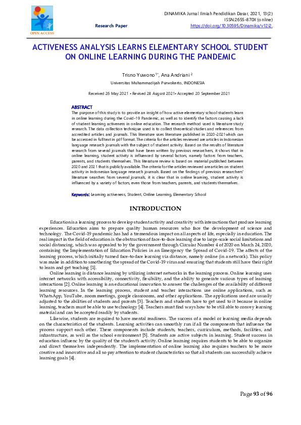 (PDF) Activeness Analysis Learns Elementary School Student On Online Learning During The Pandemic