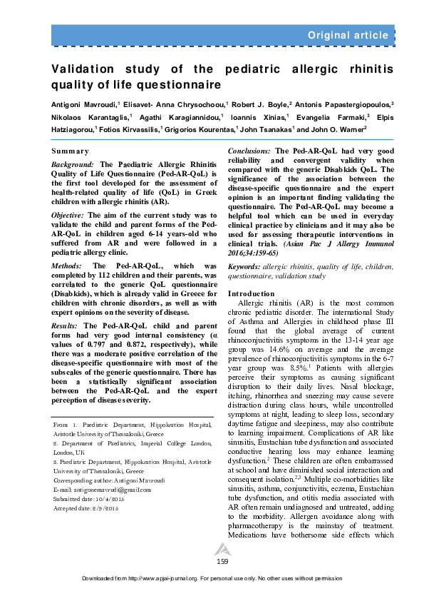 (PDF) Validation study of the pediatric allergic rhinitis quality of ...