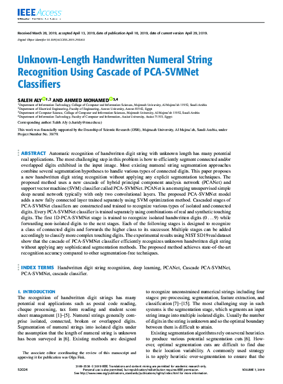 (PDF) Segment-Free Handwritten Numeral Recognition with PCA-SVMNet
