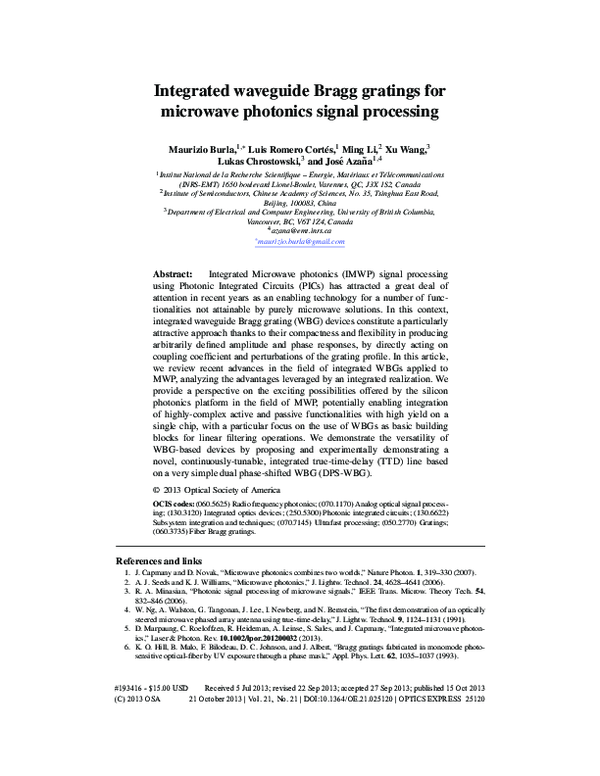 (PDF) Integrated waveguide Bragg gratings for microwave photonics signal processing