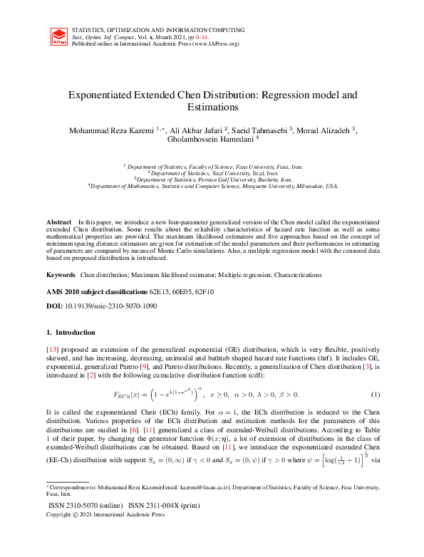 (PDF) Exponentiated Extended Chen Distribution: Regression model and Estimations