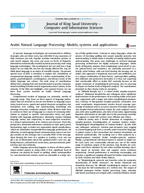 (PDF) Arabic Natural Language Processing: Models, systems and applications