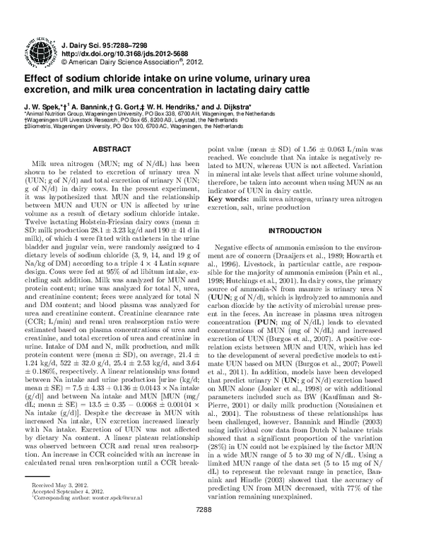 (PDF) Effect of sodium chloride intake on urine volume, urinary urea excretion, and milk urea ...
