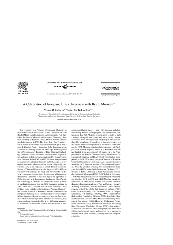 (PDF) A Celebration of Inorganic Lives: Interview with Ilya I. Moiseev