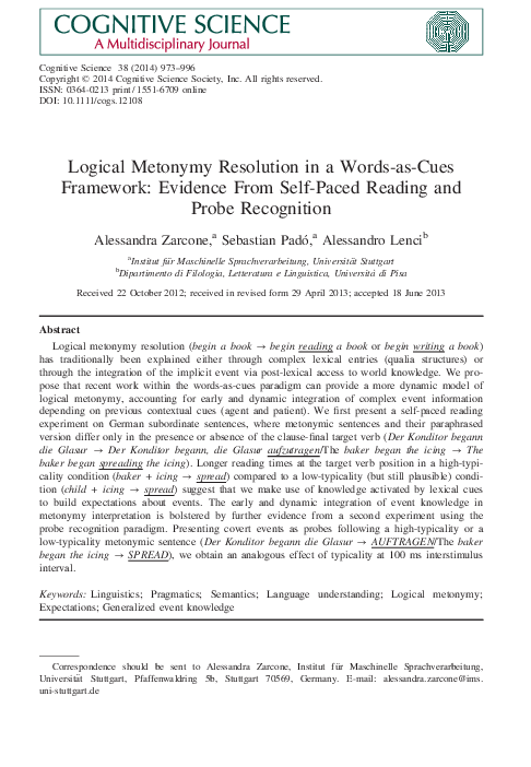 (PDF) Logical Metonymy Resolution in a Words-as-Cues Framework: Evidence From Self-Paced Reading ...