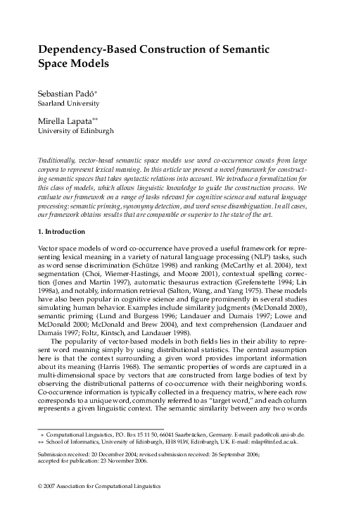 (PDF) Dependency-Based Construction of Semantic Space Models