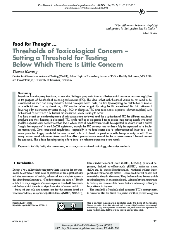 (PDF) Thresholds of Toxicological Concern – Setting a threshold for ...