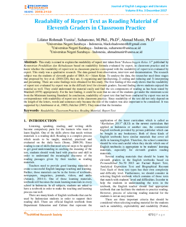 (PDF) Readability in Classroom Practice of Report Text as Reading ...
