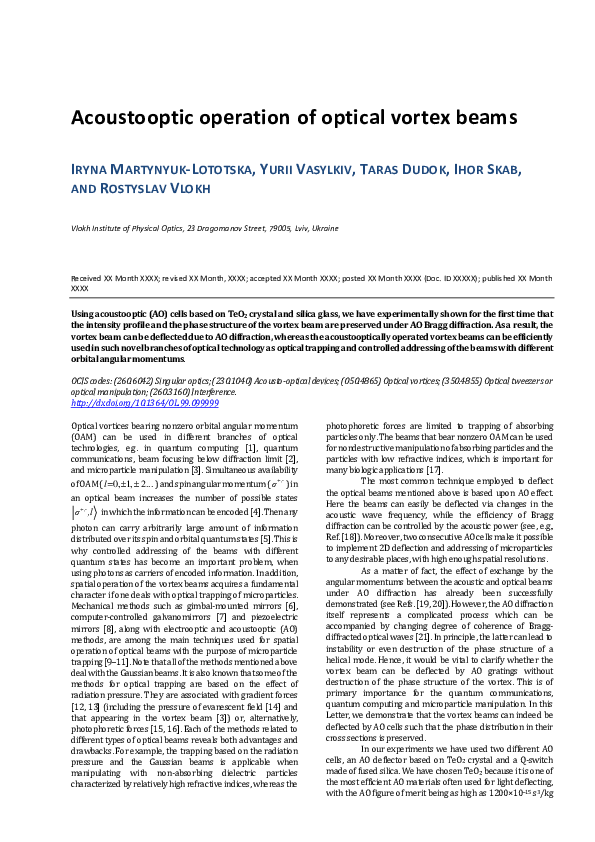 (PDF) Acoustooptic operation of optical vortex beams