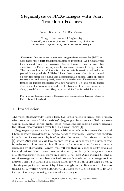(PDF) Steganalysis of JPEG Images with Joint Transform Features