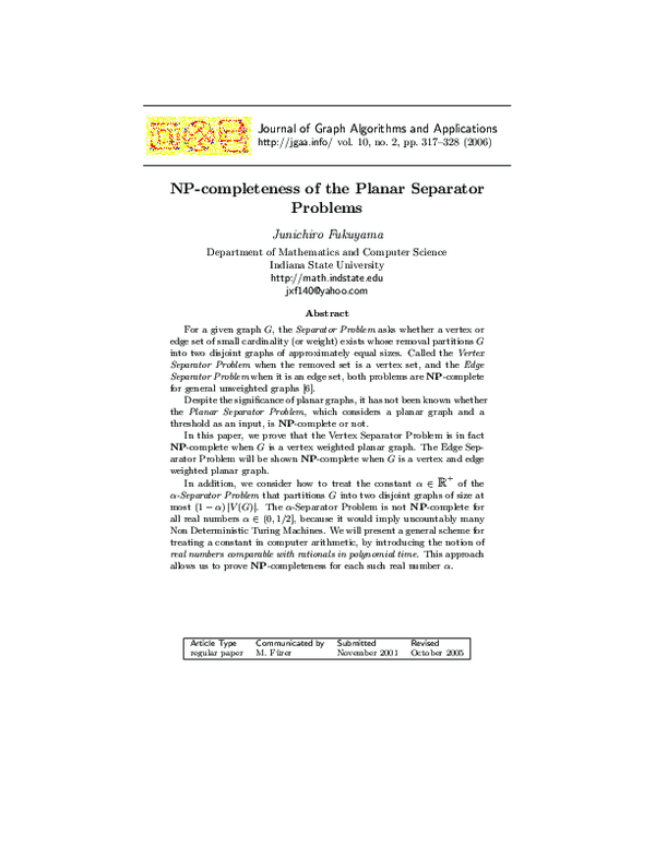(PDF) NP-completeness of the Planar Separator Problems
