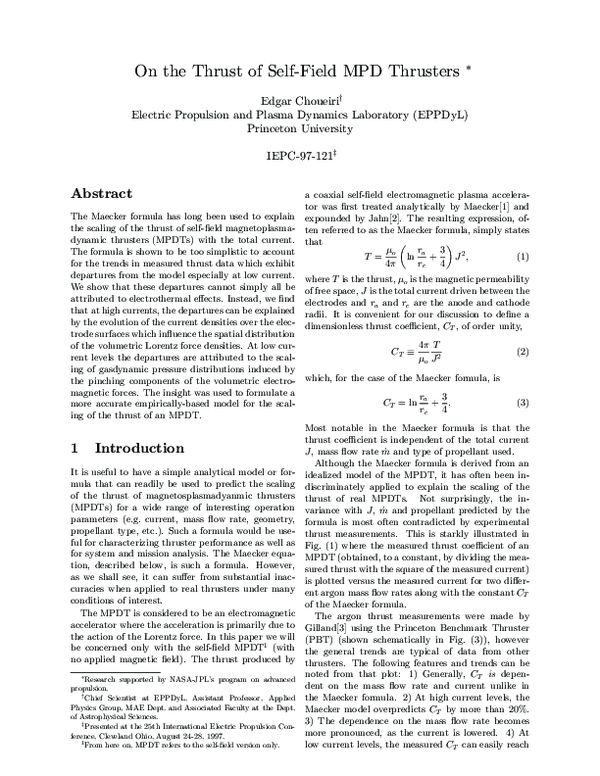 (PDF) On the Thrust of Self-Field MPD Thrusters
