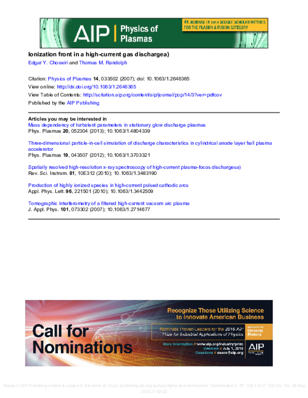 (PDF) Ionization front in a high-current gas discharge