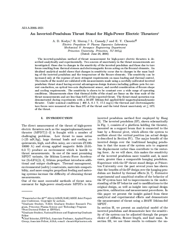(PDF) An Inverted-Pendulum Thrust Stand for High-Power Electric Thrusters