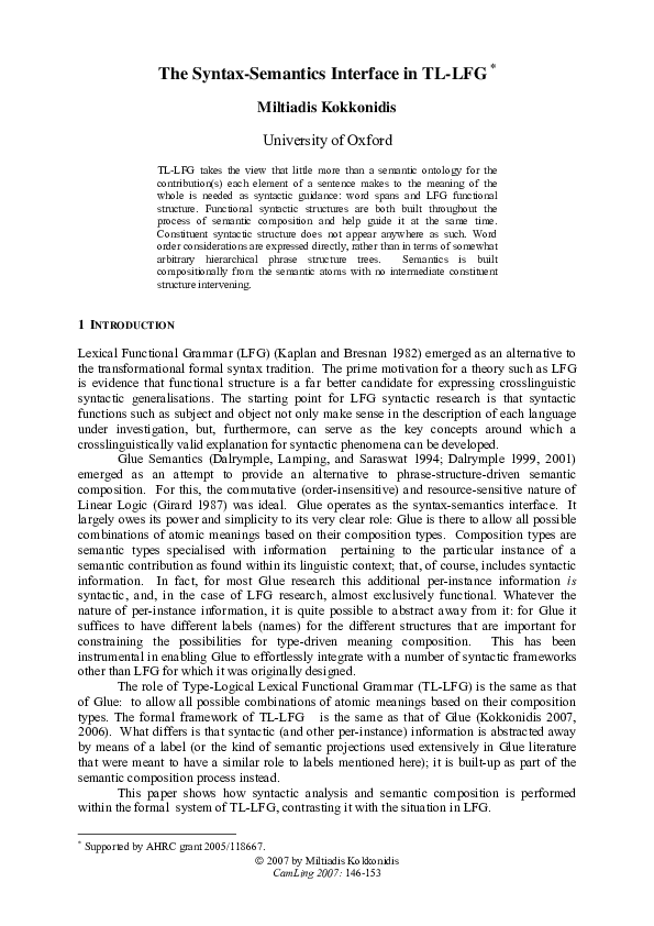 Pdf The Syntax Semantics Interface In Tl Lfg