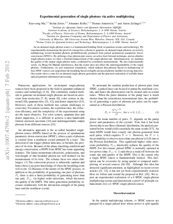 (PDF) Experimental generation of single photons via active multiplexing