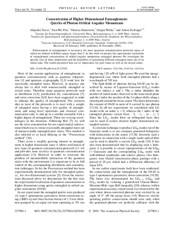 (PDF) Entanglement Concentration of Photon Orbital Angular Momentum Qutrits