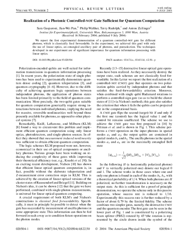 (PDF) Realization of a Photonic Controlled-NOT Gate Sufficient for ...