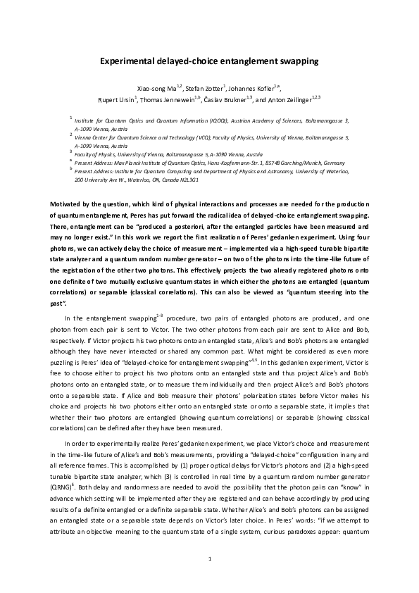 (PDF) Experimental delayed-choice entanglement swapping