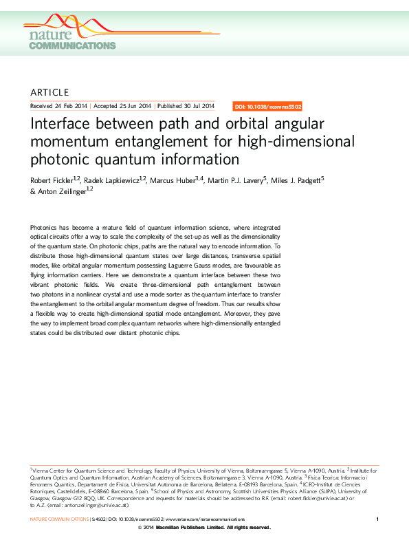 Pdf Interface Between Path And Orbital Angular Momentum Entanglement