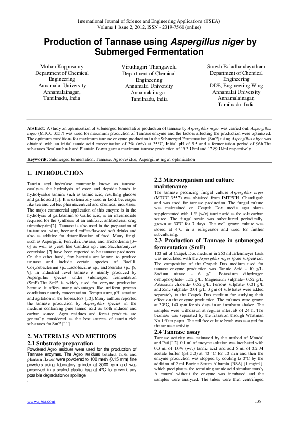 (PDF) Production of Tannase using Aspergillus niger by Submerged Fermentation