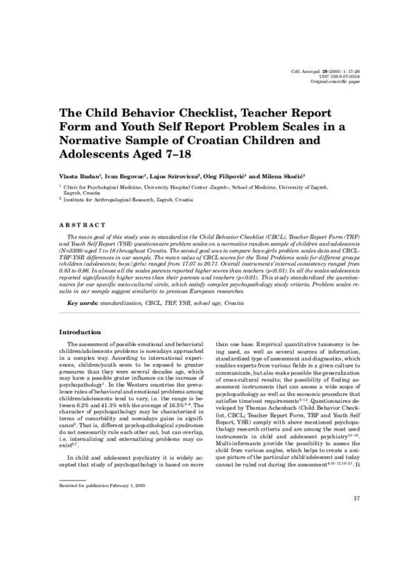 (PDF) The Child Behavior Checklist, Teacher Report Form and Youth Self ...
