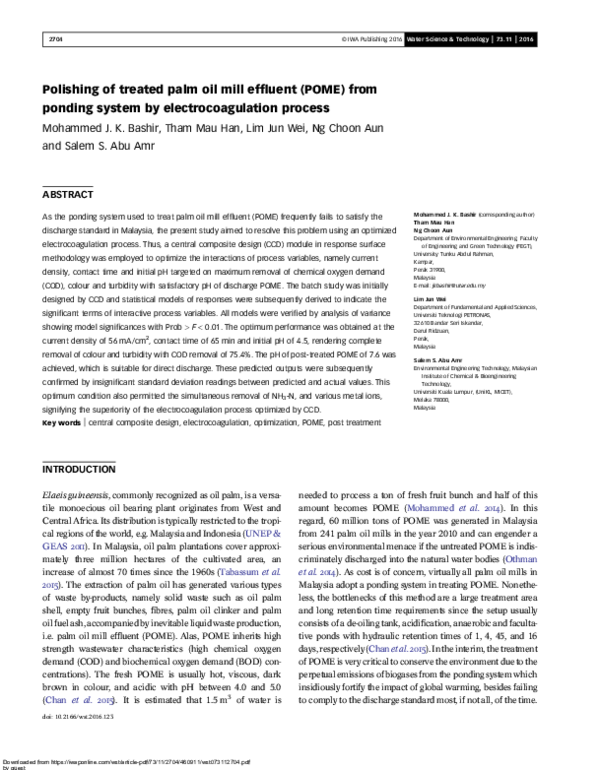 (PDF) Polishing of treated palm oil mill effluent (POME) from ponding ...