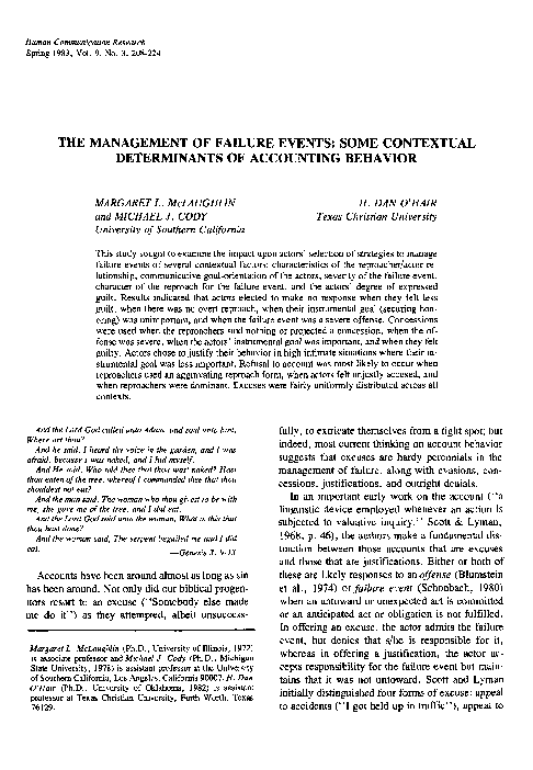 (PDF) The management of failure events: Some contextual determinants of ...
